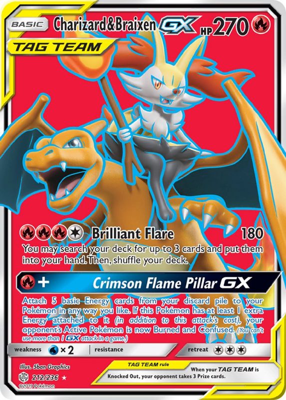 Check de actuele waarde van je Charizard & Braixen-GX 212/236 kaart uit de Cosmic Eclipse set.
