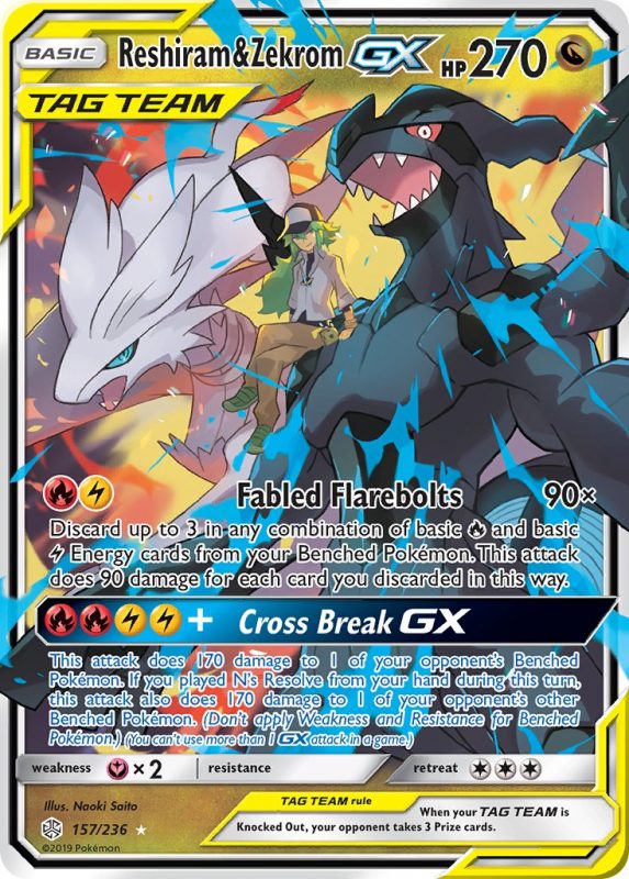 Check de actuele waarde van je Reshiram & Zekrom-GX 157/236 kaart uit de Cosmic Eclipse set.