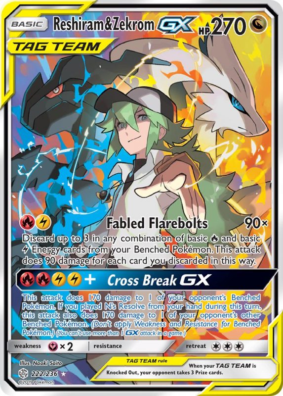 Check de actuele waarde van je Reshiram & Zekrom-GX 222/236 kaart uit de Cosmic Eclipse set.