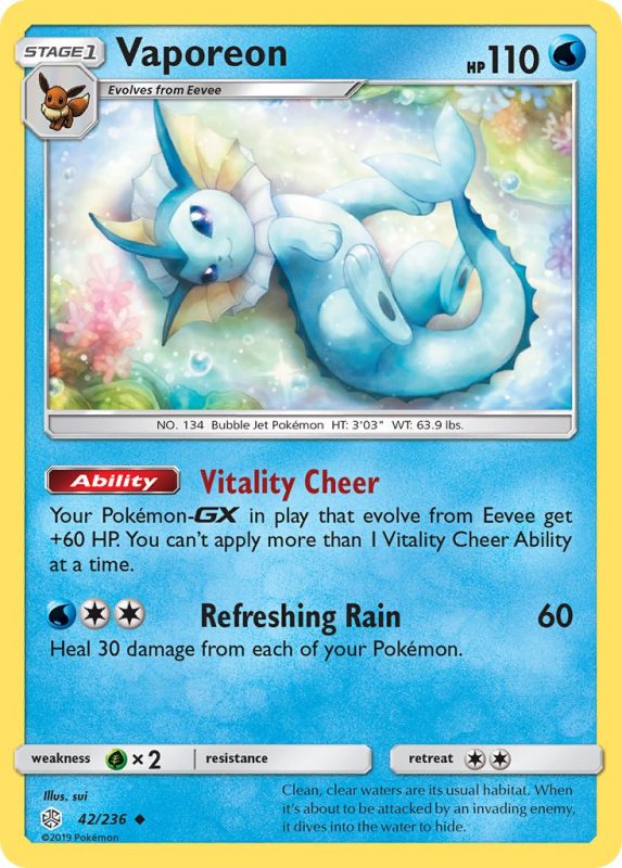 Check de actuele waarde van je Vaporeon 42/236 kaart uit de Cosmic Eclipse set.