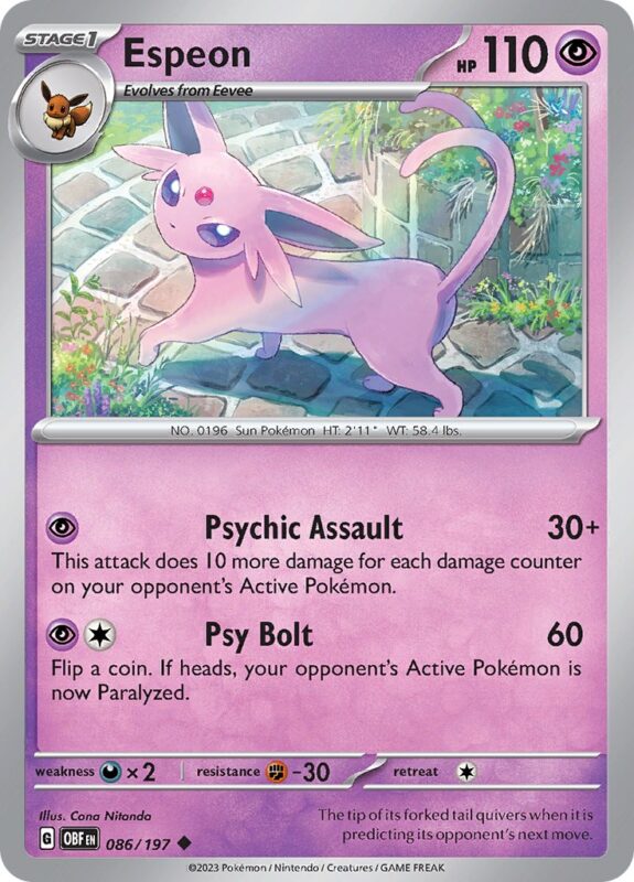 Check de actuele waarde van je Espeon 086/197 uit de Obsidian Flames set op Pokemonkaart.nl