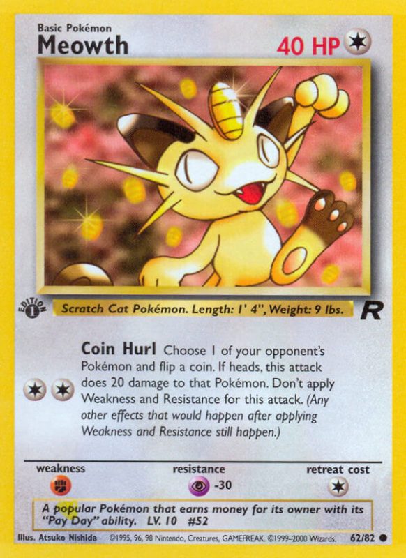 Check de actuele waarde van je Meowth 62/82 kaart uit de Team Rocket set.