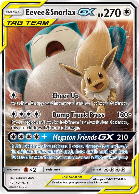 Check de actuele waarde van je Eevee & Snorlax-GX 120/181 kaart uit de Team Up set.