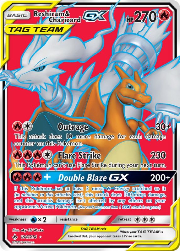 Check de actuele waarde van je Reshiram & Charizard-GX 194/214 kaart uit de Unbroken Bonds set.